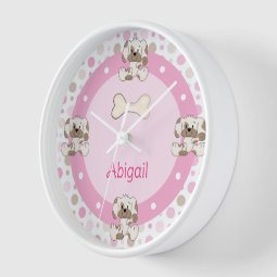 Personalized Cute Puppy Dog Pink Polk Dot Clock | Zazzle