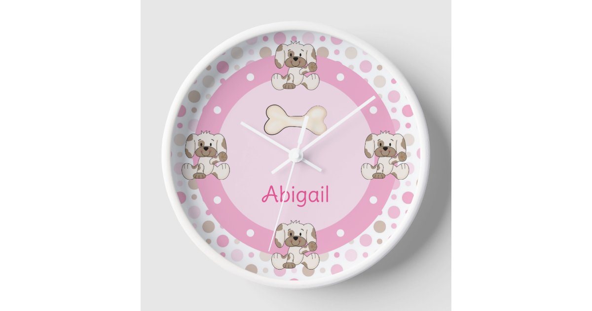 Personalized Cute Puppy Dog Pink Polk Dot Clock | Zazzle