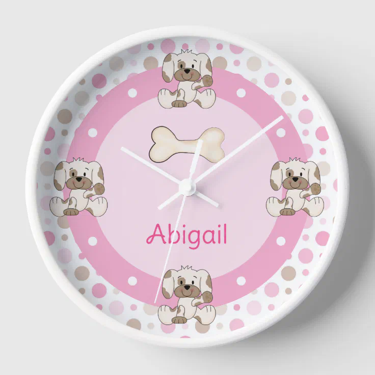 Personalized Cute Puppy Dog Pink Polk Dot Clock | Zazzle
