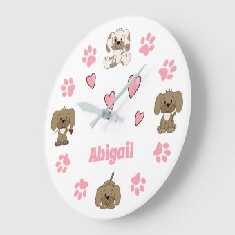 Personalized Cute Puppy Dogs, Paw Prints, Hearts Large Clock | Zazzle