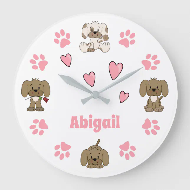 Personalized Cute Puppy Dogs, Paw Prints, Hearts Large Clock | Zazzle
