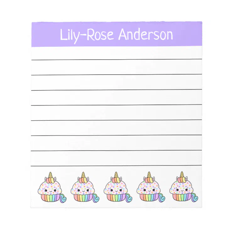 Personalized Cute Rainbow Unicorn Cupcakes Notepad | Zazzle