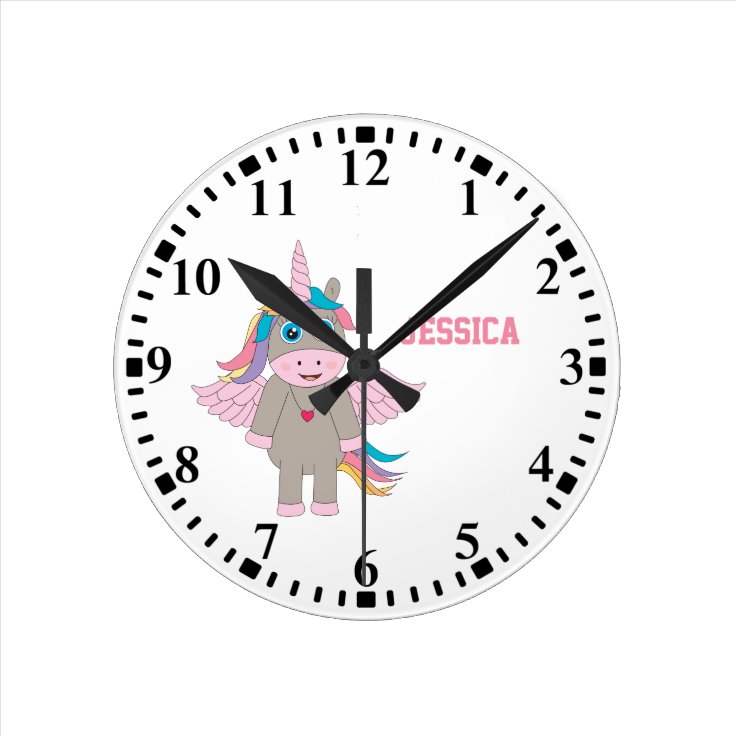 Personalized Cute Rainbow Unicorn Design Round Clock | Zazzle