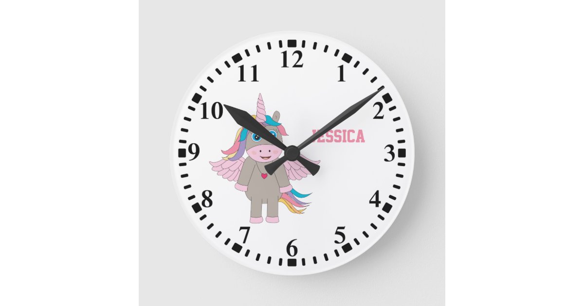 Personalized Cute Rainbow Unicorn Design Round Clock | Zazzle