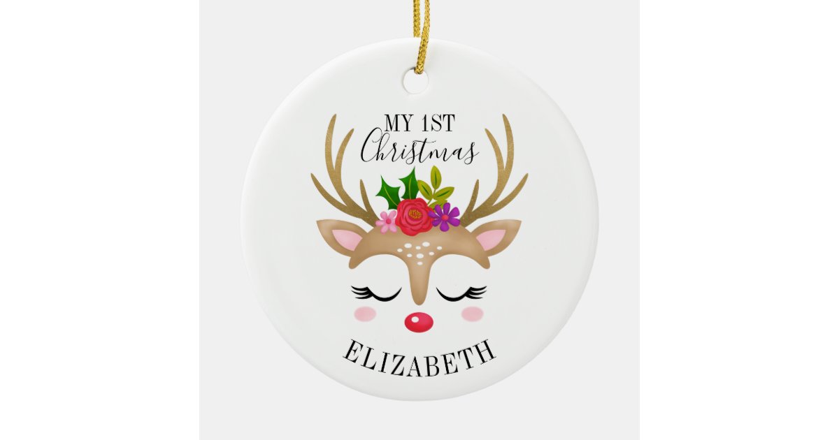 Personalized Cute Reindeer Baby 1st Christmas Ceramic Ornament | Zazzle