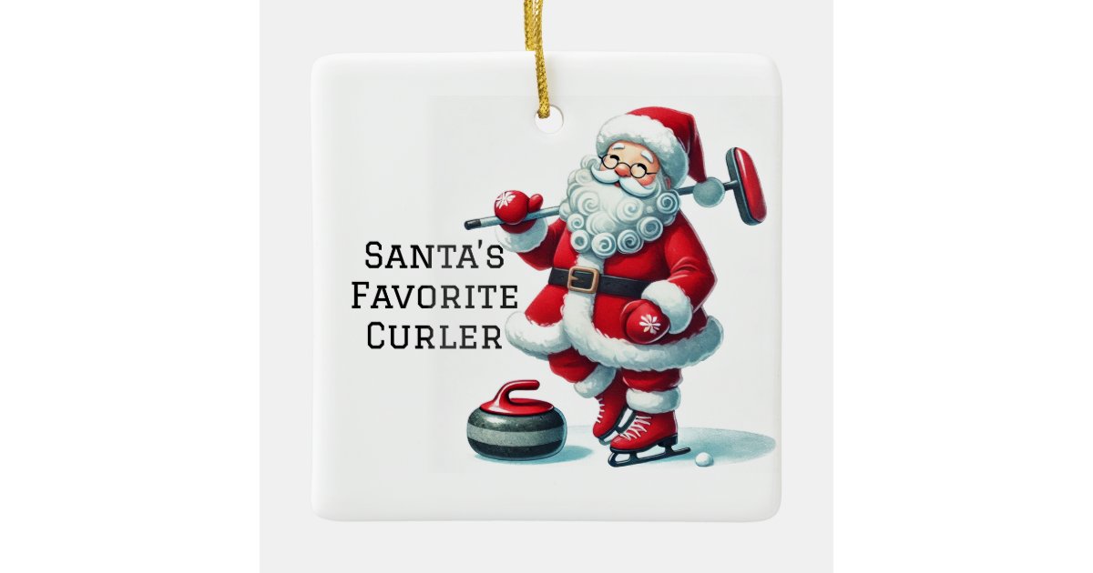 Personalized Cute Santa Curling Ceramic Ornament | Zazzle