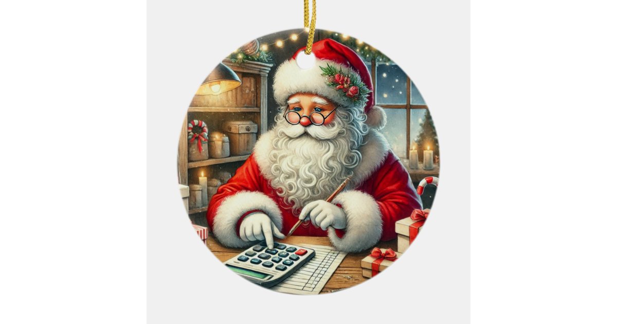 Personalized Cute Santa Doing Accounting Ceramic Ornament | Zazzle