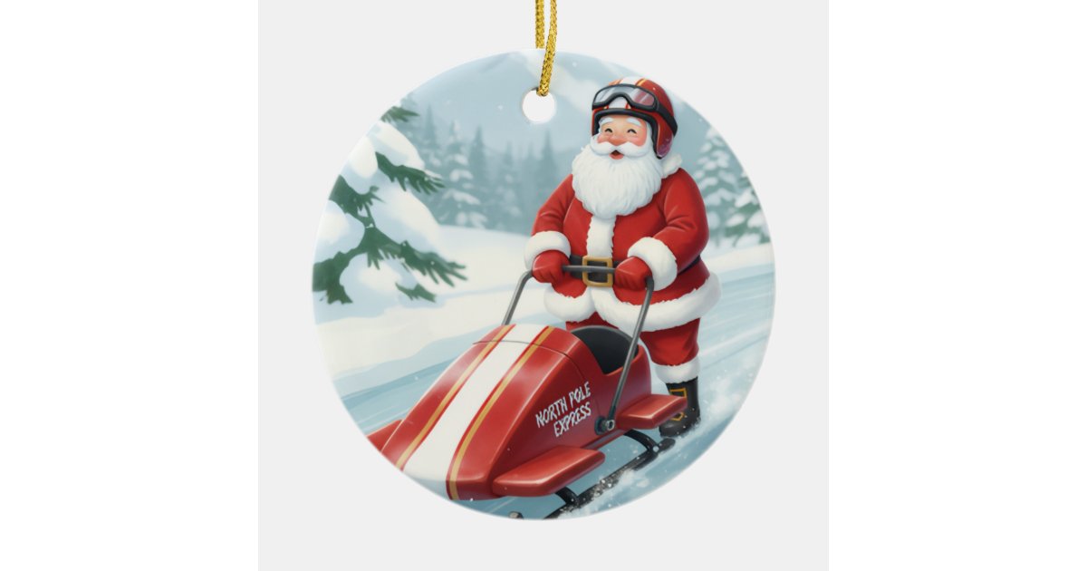 Personalized Cute Santa Doing Snowmobiling Ceramic Ornament | Zazzle
