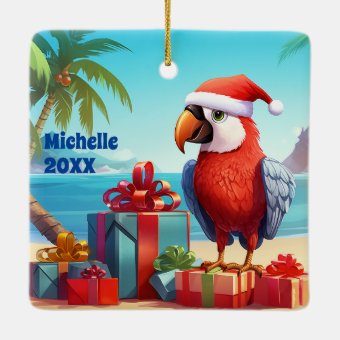 Personalized Cute Santa Parrot Beach Christmas Ceramic Ornament | Zazzle