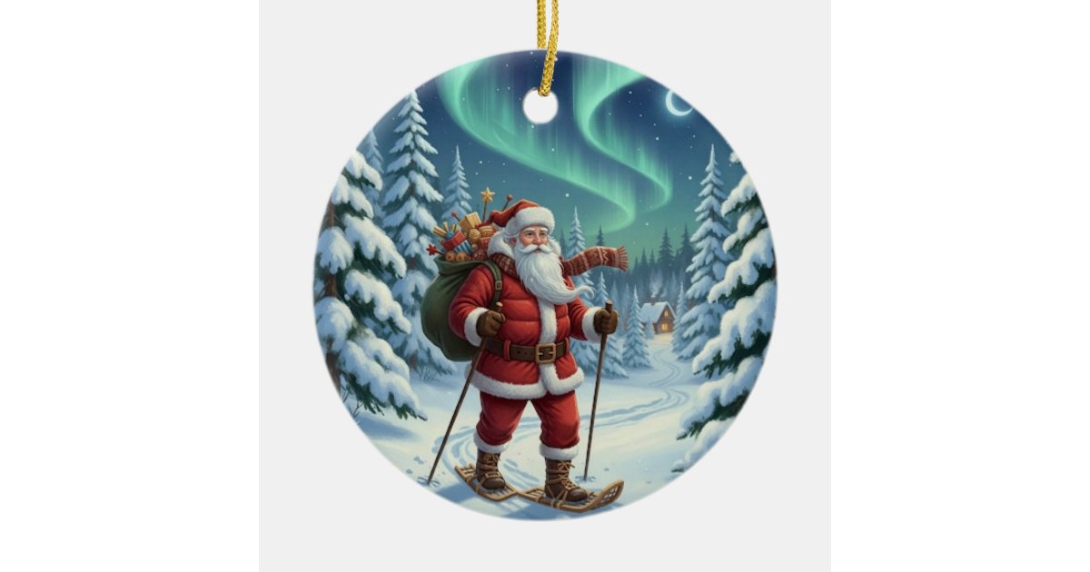 Personalized Cute Santa Snowshoeing Ceramic Ornament | Zazzle