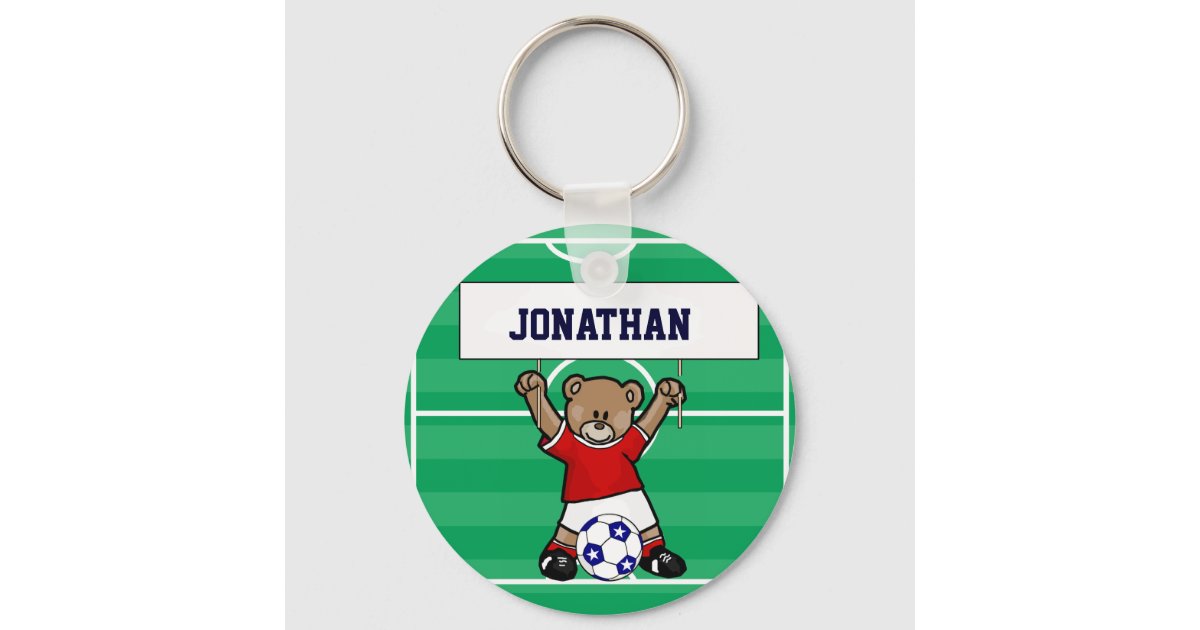 Personalized Cute Soccer Teddy Bear (red) Keychain | Zazzle