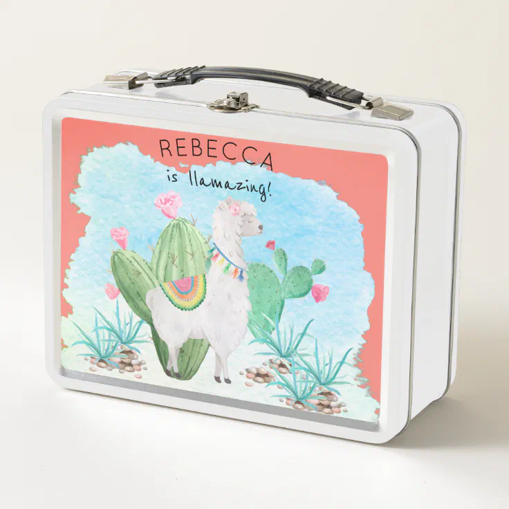 Personalized Cute Watercolor Llama Metal Lunch Box | Zazzle