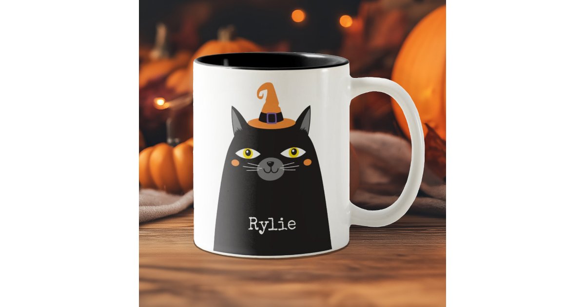 Personalized Cute Whimsical Halloween Black Cat Two-Tone Coffee Mug ...