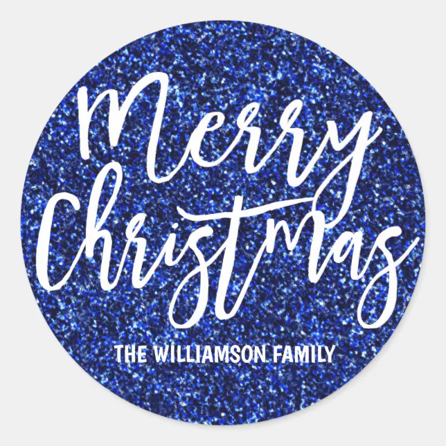 Personalized Dark Blue Glitter Merry Christmas Classic Round Sticker ...
