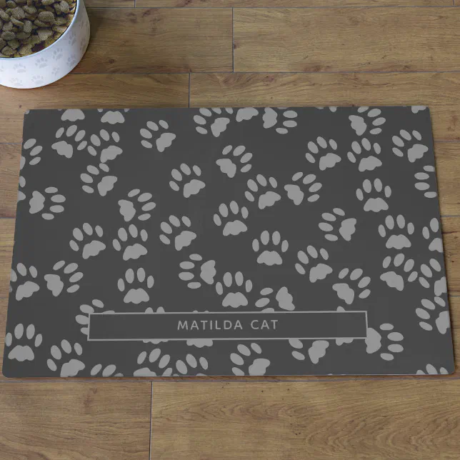 Personalized Dark Grey Paw Print Cat Mat Placemat | Zazzle