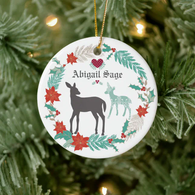 Personalized Deer and Wreath Baby's 1st Christmas Ceramic Ornament | Zazzle