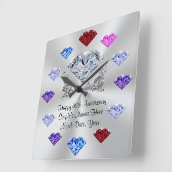 Personalized Diamond Anniversary Clock, Birthstone Square Wall Clock ...