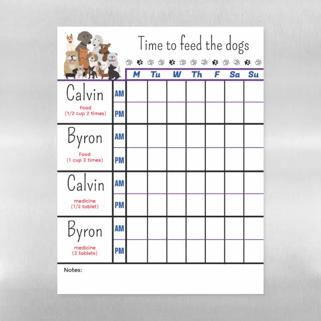 Personalized Dog Feeding Chart Magnetic Dry Erase Sheet | Zazzle