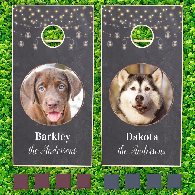 Personalized Dog Pet Photo String Lights Rustic Cornhole Set | Zazzle