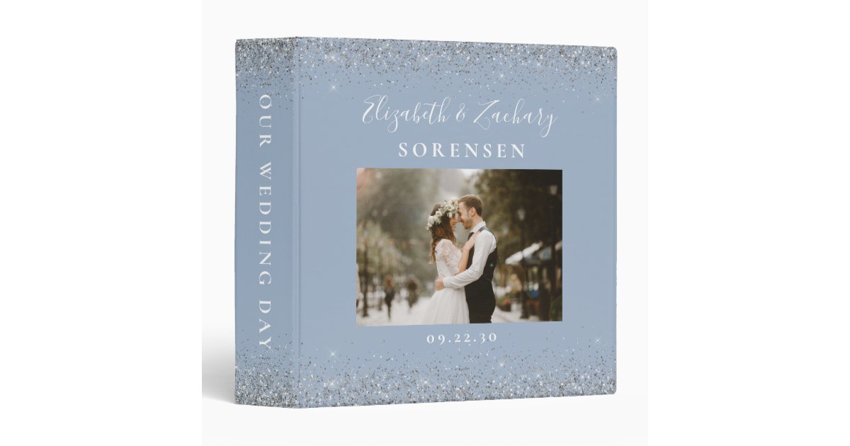 Personalized Dusty Blue Silver Glitter Photo 3 Ring Binder | Zazzle