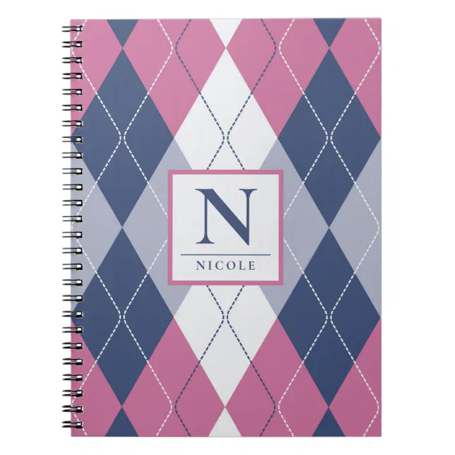 Personalized Dusty Pink & Navy Blue Preppy Argyle Notebook | Zazzle