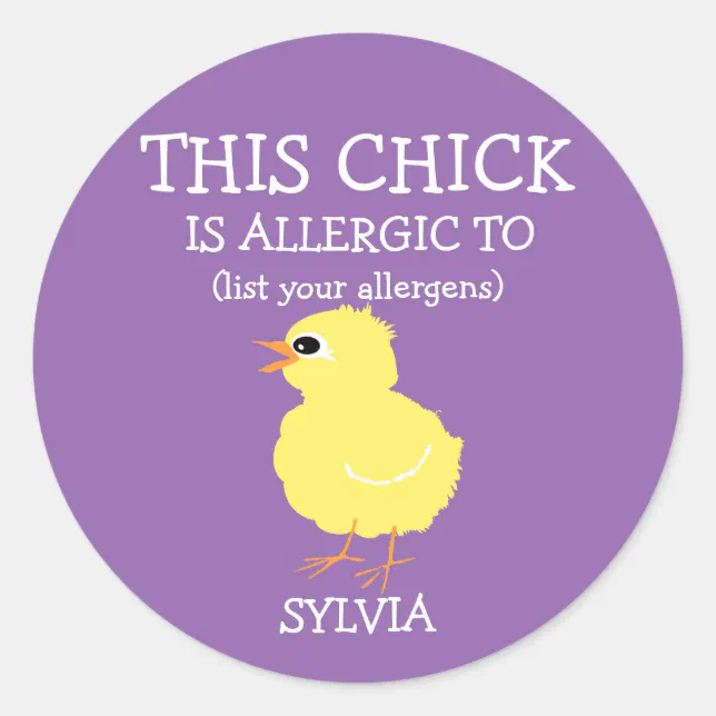 Personalized Easter Chick Allergy Alert Purple Classic Round Sticker ...