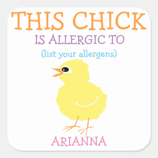 Personalized Easter Yellow Chick Allergy Alert Square Sticker | Zazzle