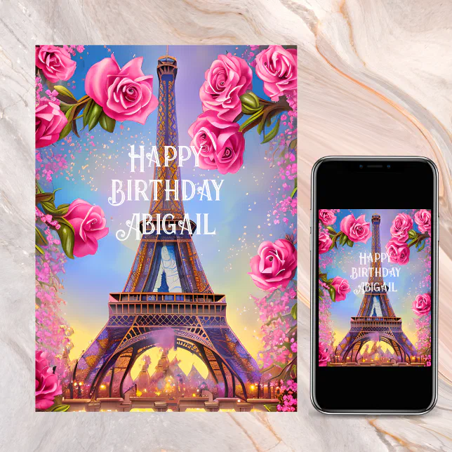 Personalized Eiffel Tower Pink Roses Chic Birthday Card | Zazzle