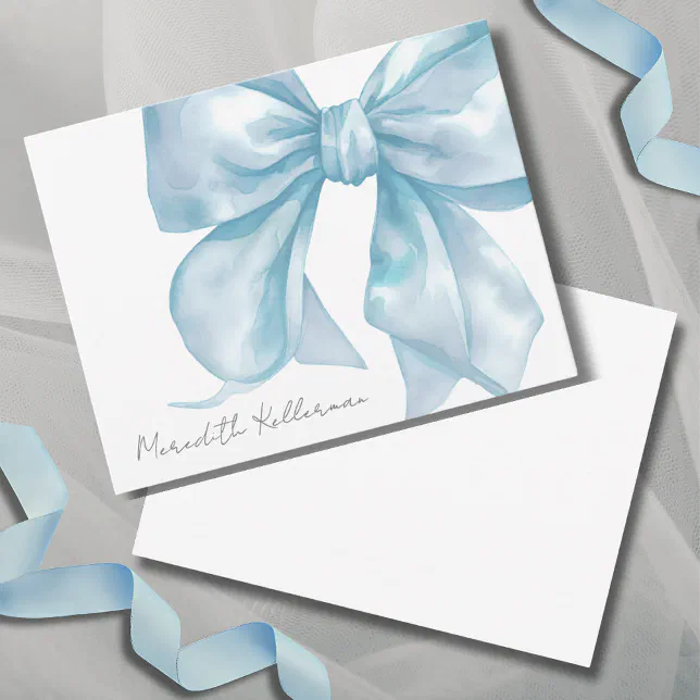 Personalized Elegant Blue Bow Name Monogram Note Card | Zazzle