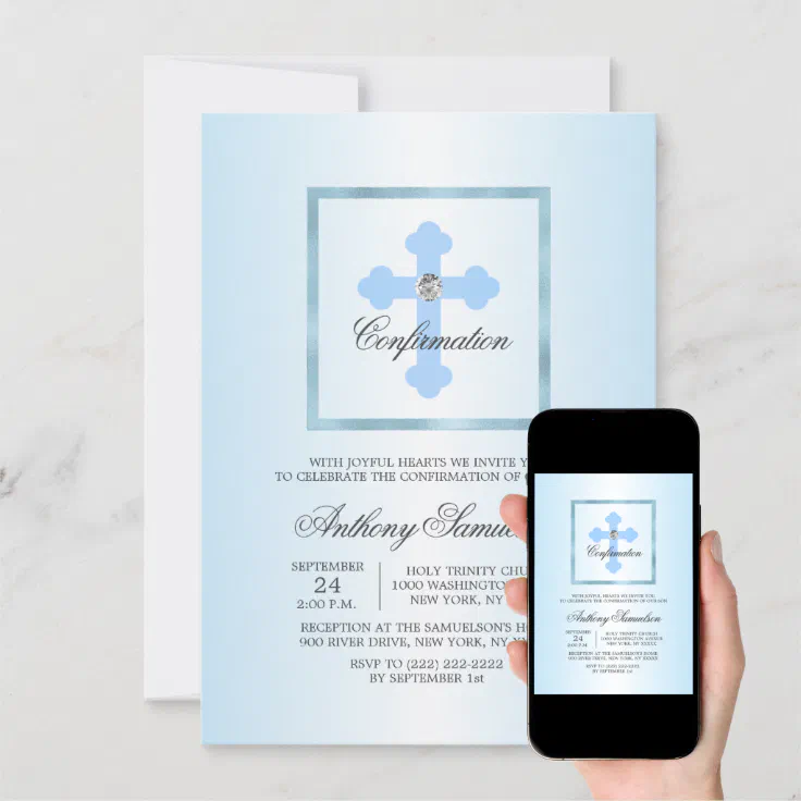 Personalized Elegant Blue Cross Confirmation BOY Invitation | Zazzle