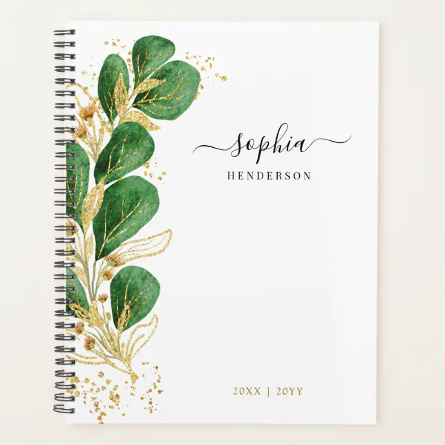 Personalized Elegant Emerald Green Gold Eucalyptus Planner | Zazzle