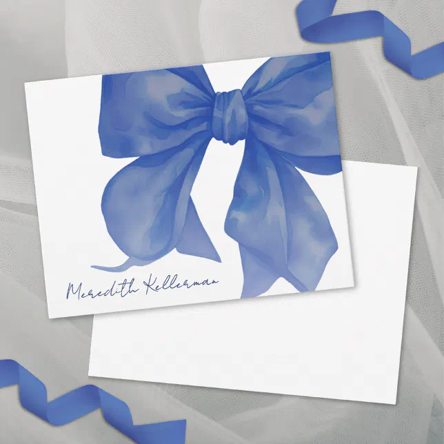 Personalized Elegant Navy Blue Bow Name Note Card | Zazzle