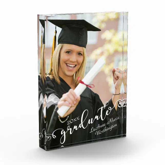 Personalized Elegant Script Graduate 20xx Vertical Photo Block | Zazzle