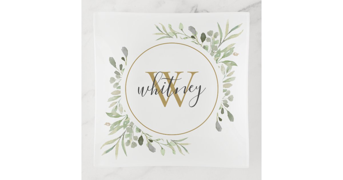 Personalized Elegant Script Name Greenery Monogram Trinket Tray | Zazzle