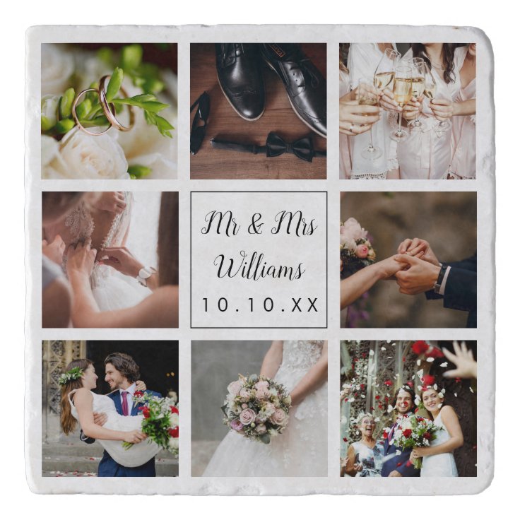 Personalized Elegant Wedding Day Photo Collage Trivet | Zazzle
