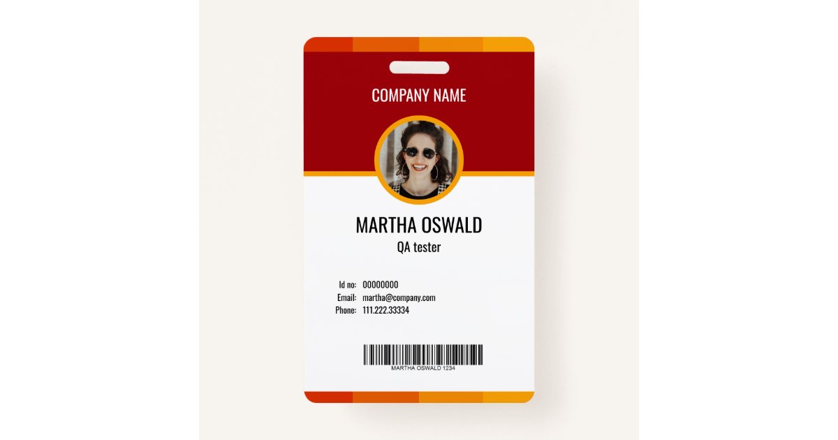 Personalized Employee Photo Yellow Red Id Badge | Zazzle
