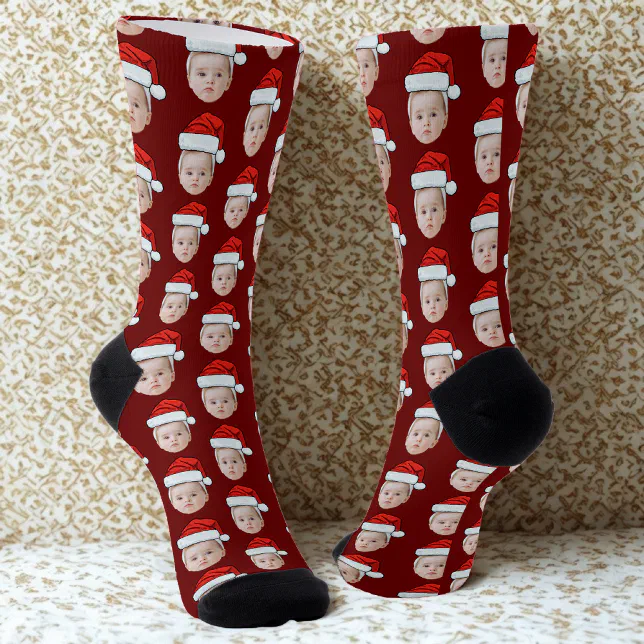Personalized Face Photo Santa Hat Funny Christmas Socks | Zazzle