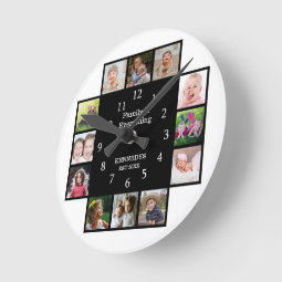 Personalized Family 12 Photo Collage Frame Black Round Clock | Zazzle