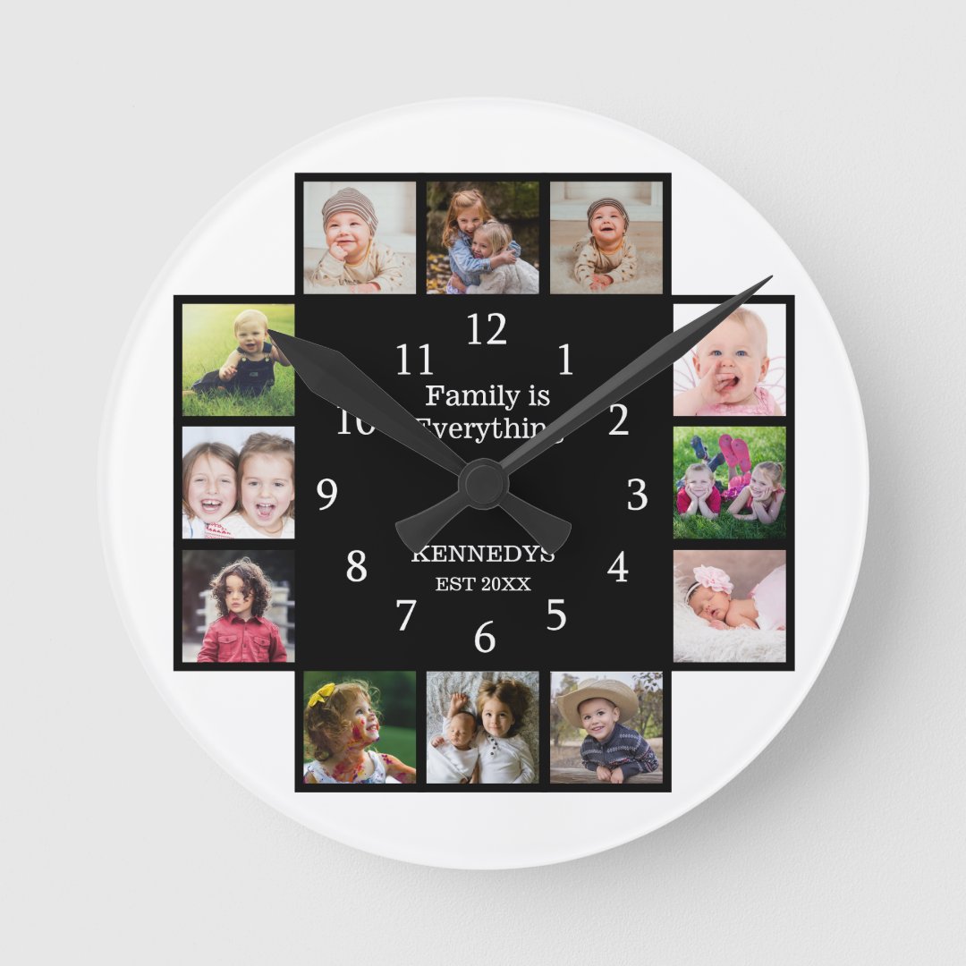 Personalized Family 12 Photo Collage Frame Black Round Clock | Zazzle