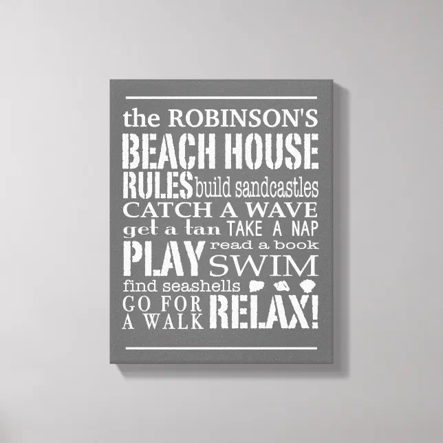 Personalized Family Beach House Rules Gray | White Canvas Print | Zazzle