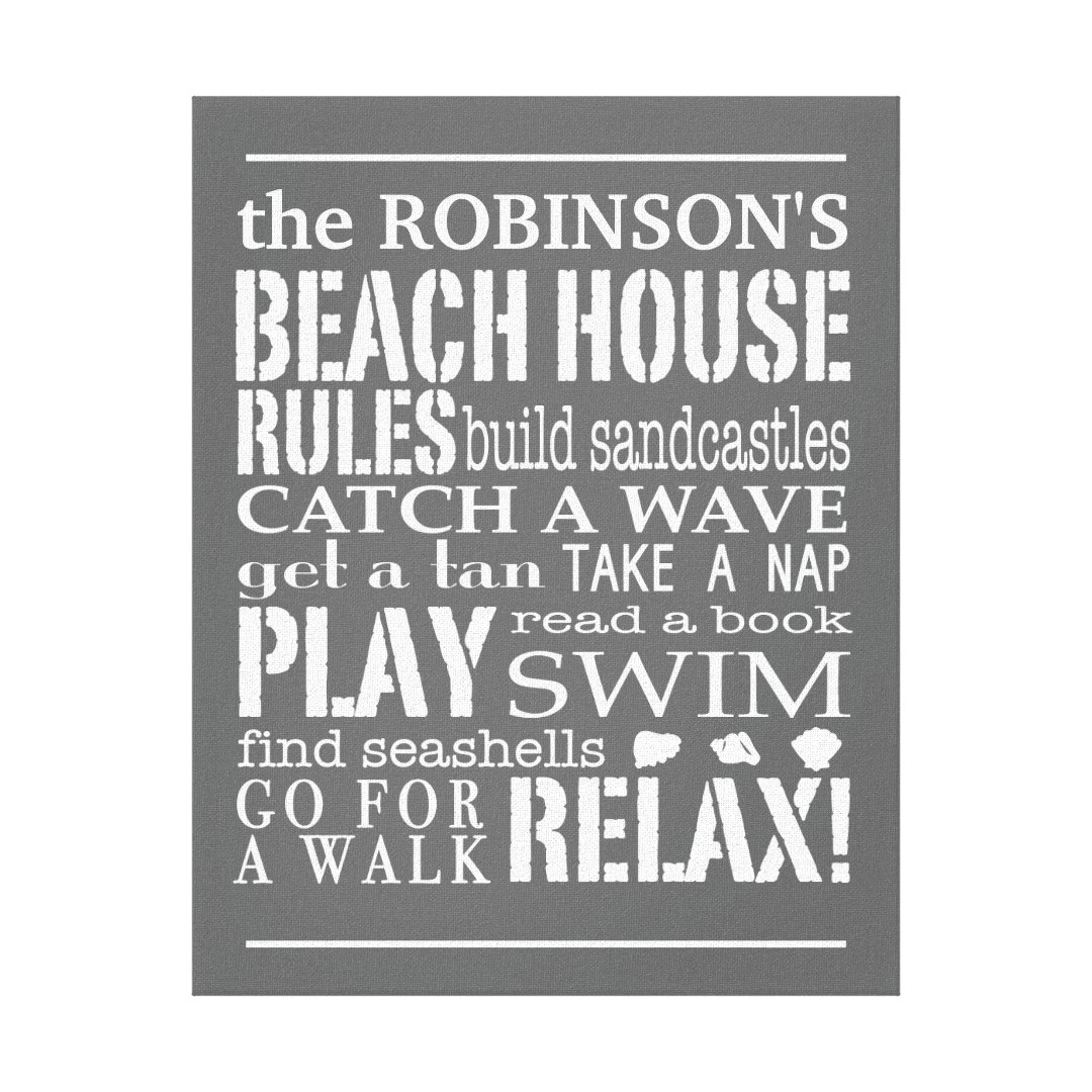 Personalized Family Beach House Rules Gray | White Canvas Print | Zazzle