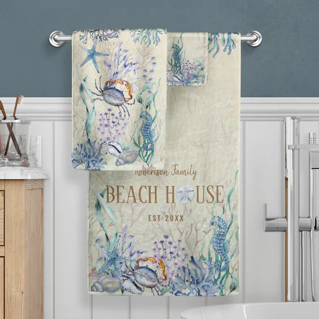 Personalized Family Beach House Sea Life Bath Towel Set | Zazzle