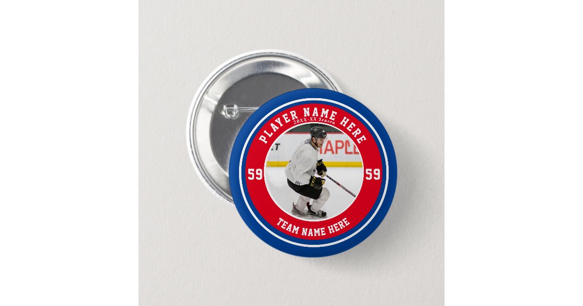 Personalized Family Blue Red Team Ice Hockey Button | Zazzle