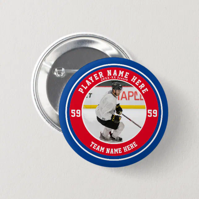 Personalized Family Blue Red Team Ice Hockey Button | Zazzle