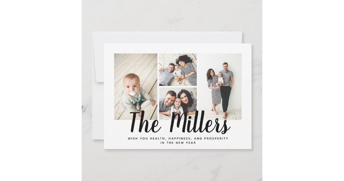 Personalized Family Name 4 Photo Collage Holiday Card | Zazzle