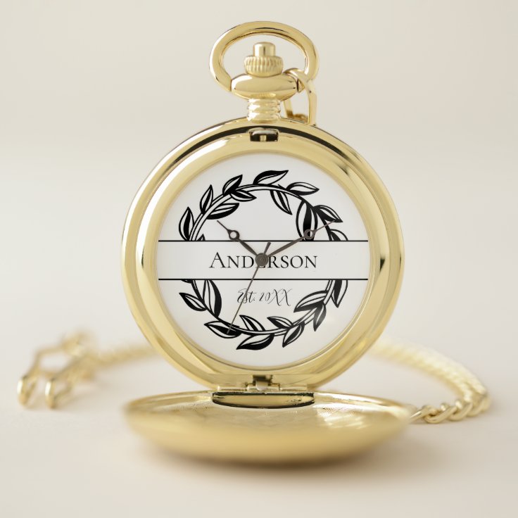 Personalized Family Name Black White Leaf Pocket Watch | Zazzle