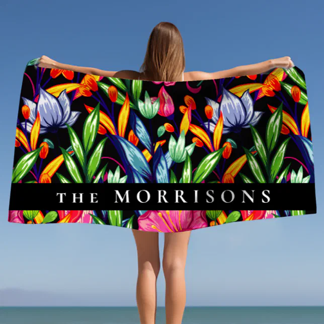 Personalized Family Name Floral Pattern Background Beach Towel | Zazzle