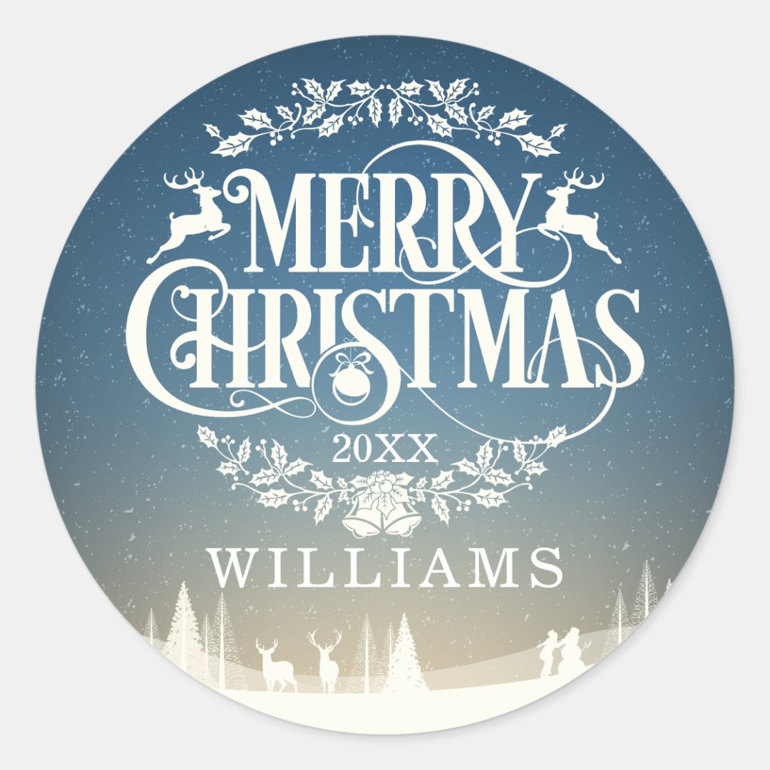 Personalized Family Name Merry Christmas Winter Classic Round Sticker ...