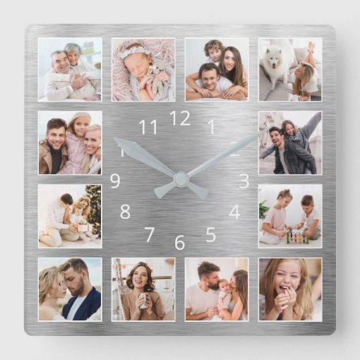 Personalized Family Photo Elegant Silver Square Wall Clock | Zazzle