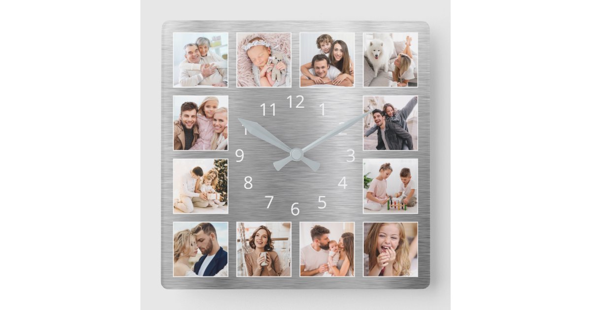 Personalized Family Photo Elegant Silver Square Wall Clock | Zazzle